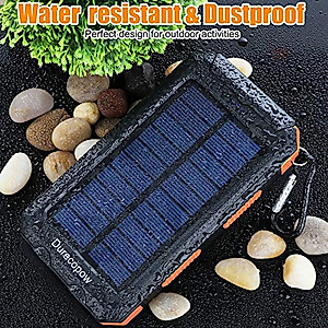 Solar Charger, Durecopow 20000mAh Portable Outdoor Waterproof Solar Power Bank, Camping External Backup Battery Pack Dual 5V USB Ports Output, 2 Led Light Flashlight with Compass (Orange)