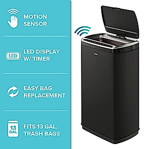 Kraus KTCS-10MB GarbagePro Rectangular 13 Gallon Hands-Free Motion Sensor Trash Can Battery Operated in Matte Black Finish with SoftShut Touchless Lid