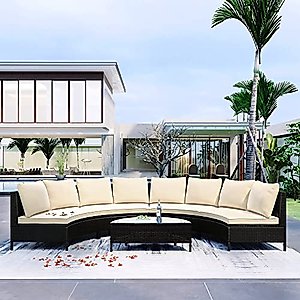Merax Weather Brown PE Rattan Wicker Outdoor Patio Sectional Furniture Half-Moon Sofa Set with Tempered Glass Table, Beige,5 Piece