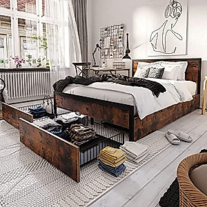 Rolanstar Bed Frame, Full Size Bed Frame with 4 Drawers, Particle Board Headboard & Metal Platform Bed with Large Storage Space, up to 700LB, No Box Spring Needed, Mattress Foundation, Noise Free