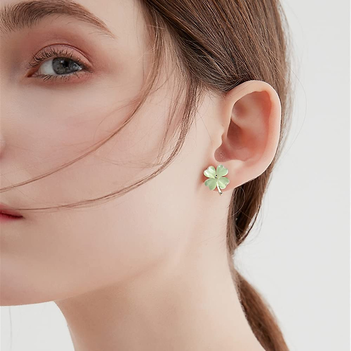 Green Cat Eye's Clover Flower Earrings for Women 925 Sterling Silver Post Pin Hypoallergenic Lucky Love Heart 4 Leaf Shamrock Small Cute Studs Earring Dainty Gifts for Mother Sister Aunt (Jade-Green)