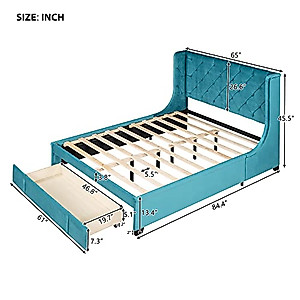 HAUSHECK Upholstered Bed Frame Queen Size with Big Drawer and Classic Button Tufted Wingback Headboard, Modern Platform Bed Frame w/Wooden Slats Support Mattress Foundation, No Box Spring Needed