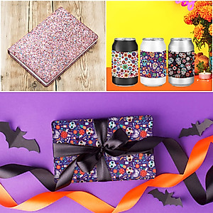 AnyDesign 12Pcs Day of The Dead Halloween Faux Leather Sheets Sugar Skull Skeleton Floral Printed Leather Fabric Sheets Glitter Synthetic Leather for Halloween DIY Craft Earring Hair Bow, 8 x 12"