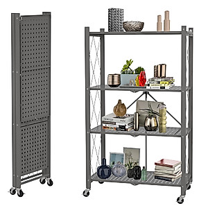 KAERMO 5-Tier Foldable Storage Shelves with Wheels -No Assembly Metal Folding Shelves, Collapsible Shelving Storage Unit Rolling Shelf for Home Garage Kitchen Office (Dark Grey)