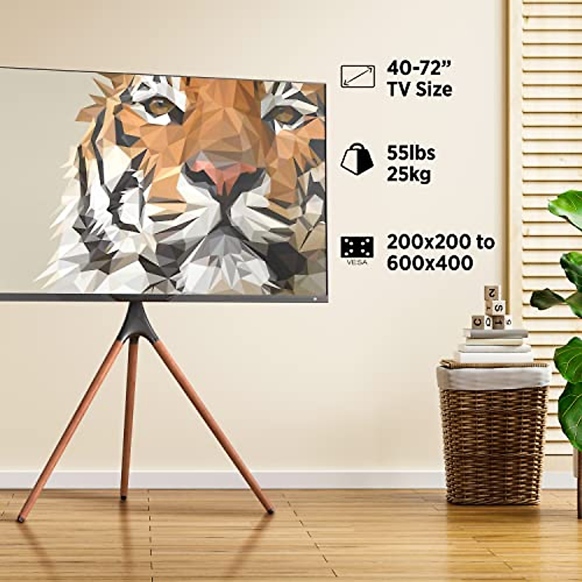 Promounts Modern Wood TV Easel Stand with 180° Swivel for 47-70 inch LCD, LED, Plasma OLED Screens. Corner TV Stand, Universal TV Stand for Curved and Flat Televisions