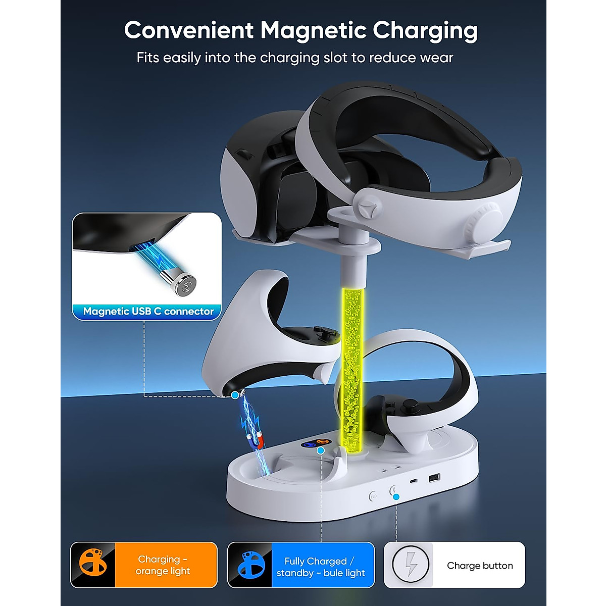 FASTSNAIL Charging Stand for PlayStation VR2, Multifunction Vertical PS VR2 Headset & Sense Controllers Charge Dock Station with 10 RGB Light Modes of Memory, for PS5 VR2 PSP Games Accessories