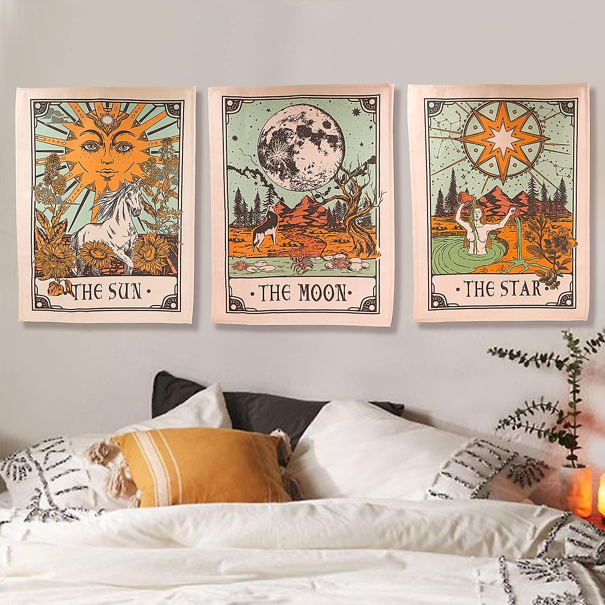 Accnicc 3 Pack Tarot Tapestry, Sun Moon and Star Tarot Card Tapestry, Brown and Beige Tapestry Wall Hanging, Vertical Vintage Aesthetic Wall Tapestry for Room with Steel Grommets (Brown, 20'' × 27'')