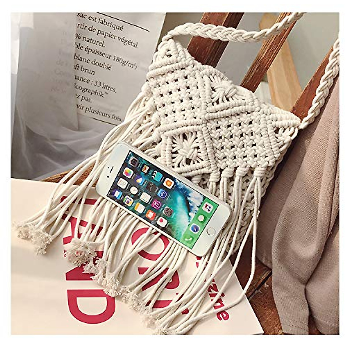 Nice Pies Women's Beach Straw Handbag Woven Tote Fishing Net Beach Bag Large Capacity Mesh Rope Combination Handbag (White)