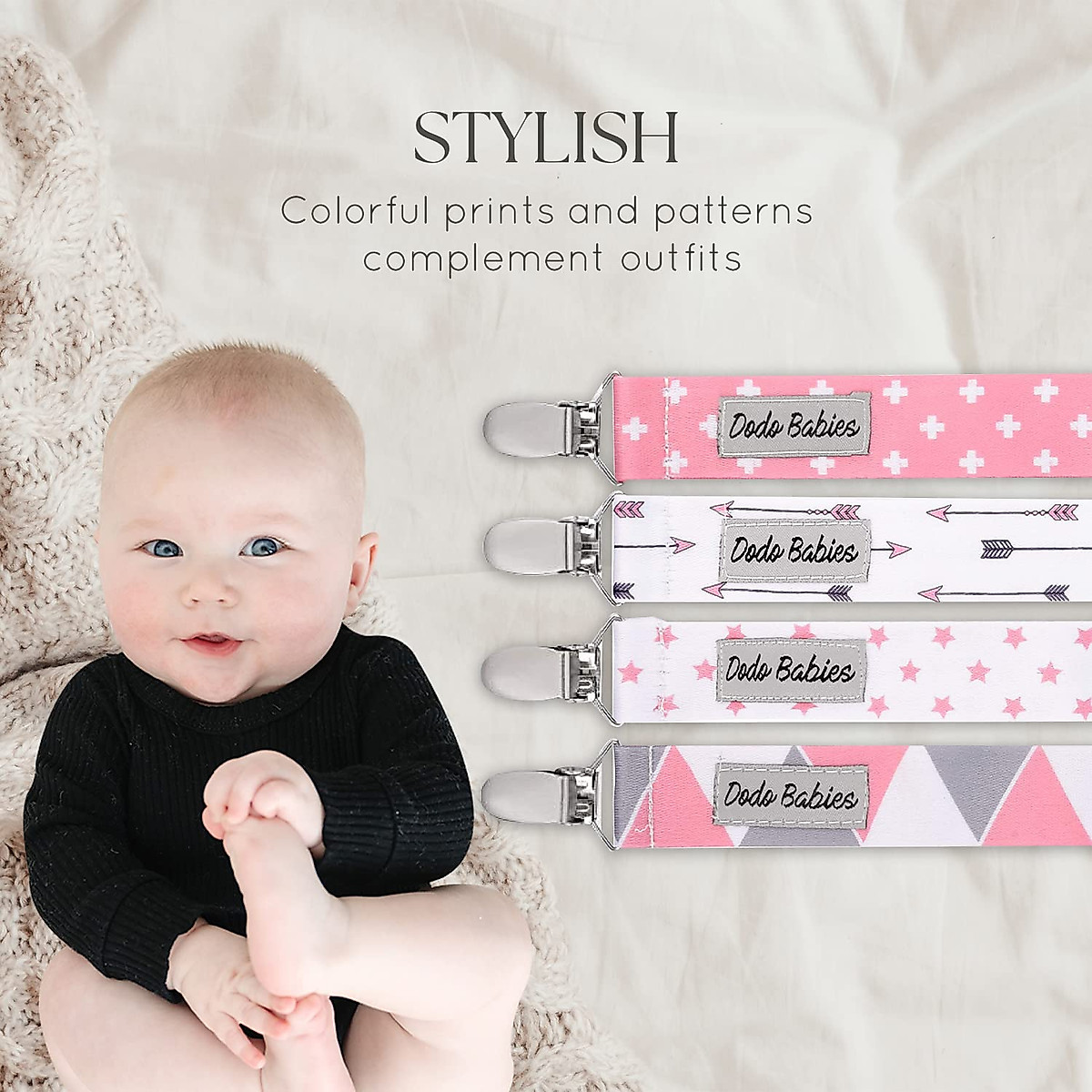 Dodo Babies Pacifier Clip & Teether Toy Set - Four Clips Plus Two Silicone Teether Toys - Universal Holder Fits Most Paci Brands - Fun Pink and Gray Prints for Girls or Boys