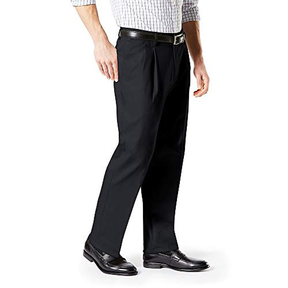 Dockers Men's Classic Fit Signature Khaki Lux Cotton Stretch Pants-Pleated (Regular and Big & Tall), Black, 46W x 30L