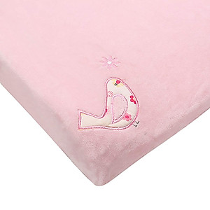 5 PCs Pink Floral Nursery Crib Bedding Set Embroidery Birds Flower Baby Girl Cot Bedding Set Quilt + Fitted Sheet + Skirt + Window Valance + Changing Pad Sheet