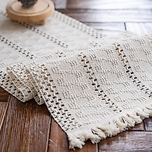 Alynsehom Macrame Table Runner Cream Beige Boho Table Runner with Tassels Hand Woven Cotton Table Runner Rustic Farmhouse Table Runner for Bohemian Kitchen Dining Table(12x71in)