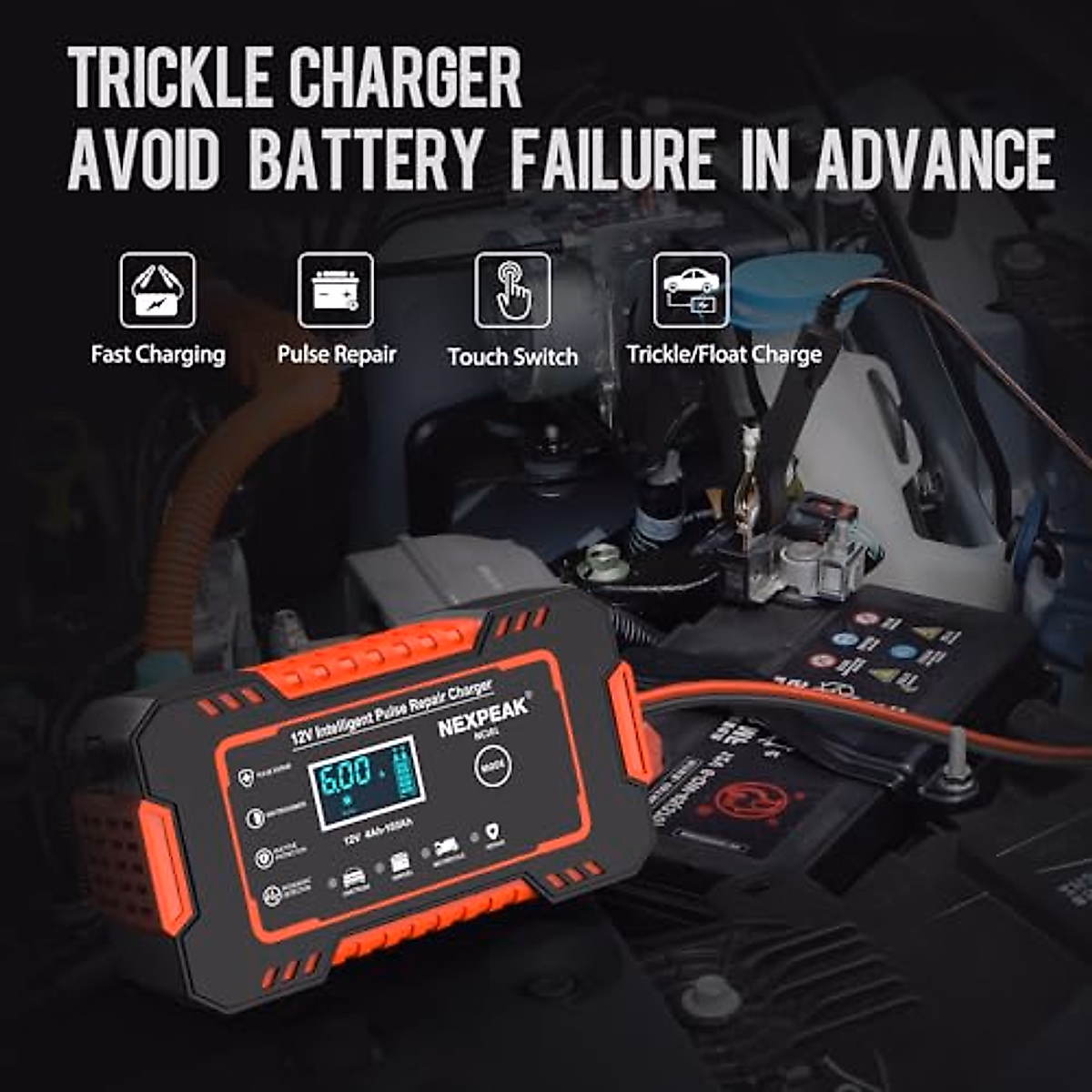 NEXPEAK NC101 Car Battery Charger, Smart Battery Trickle Charger 12V 6A Automotive Battery Maintainer Desulfator with Temp Compensation for Car Truck Motorcycle Lawn Mower Marine Lead Acid Batteries