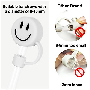 Whaline 4Pcs Smile Face Straw Covers Silicone Reusable Straw Topper Double Sided Pattern Straw Tip Covers 10mm 0.4 Inch for 30 & 40 OZ Tumbler with Handle（Pink,Purple,Mint Green,Cream Color）