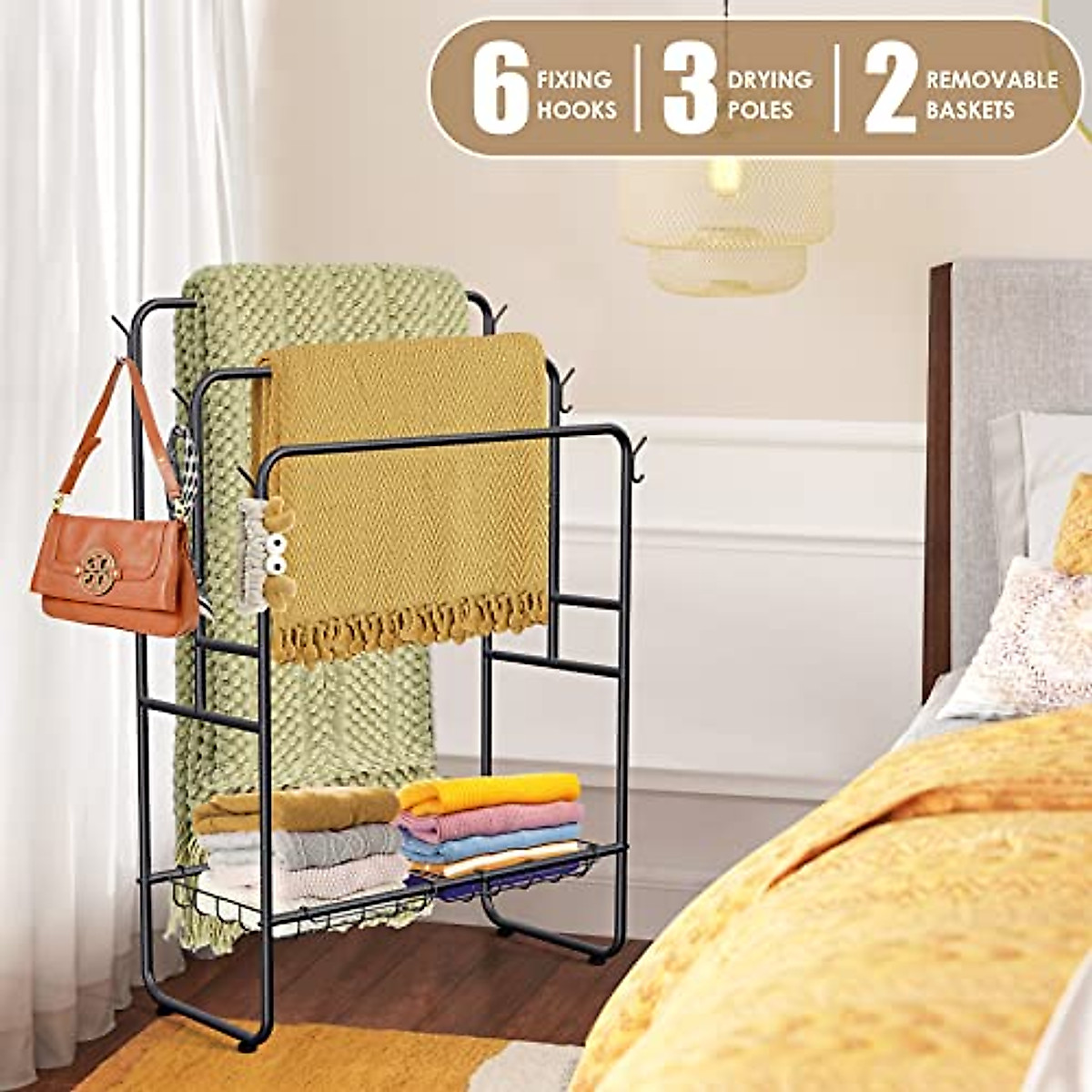 Kayfia 40" Tall Freestanding Towel Racks, 3 Tier Blanket Rack with 2 Removable Storage Baskets & 6 Hooks, Indoor Outdoor Floor Blanket Ladder Holder for Bedroom Bathroom Organizer (Metal Black)