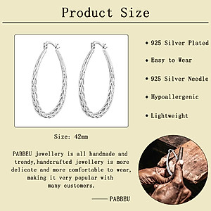 PABBEU Silver Hoop Earrings, Oval Silver Hoop Earrings for Women, S925 Sterling Silver Lightweight Big Hoop Earrings, Hypoallergenic Silver Hoop Earrings 42mm