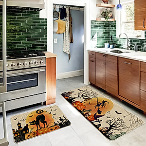 Hexagram Halloween Kitchen Mats Rugs, Halloween Kitchen Decor, Halloween Decorations Indoor Kitchen, Kitchen Rugs Non Skid Washable Set of 2, 17x29 & 17x47 Inch