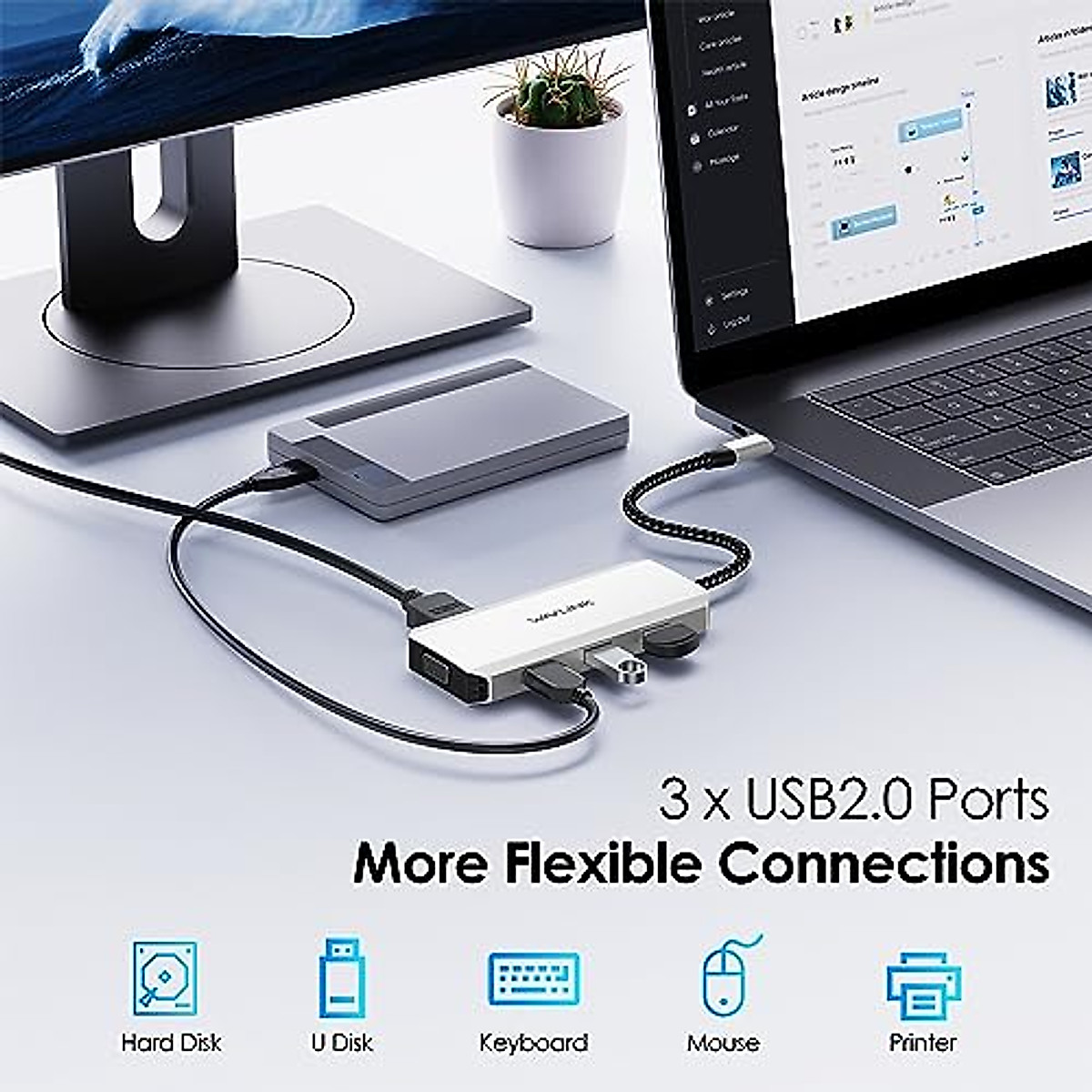 USB C to Dual HDMI Adapter 4K 60hz, 7 in 1 USB C Docking Station with 2 HDMI Displayport VGA Hub, USB C Splitter 4 Monitors Extended Display, USB C Adapter Multiport Dongle for MacBook/Dell/HP/Lenovo