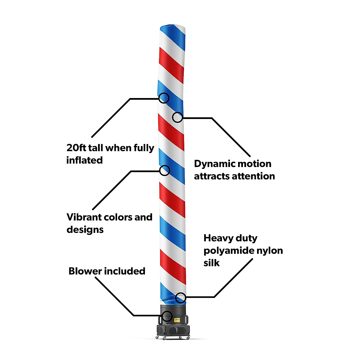 LookOurWay Air Dancers Inflatable Tube Man Set - 20 Feet Tall Wacky Waving Inflatable Dancing Tube Guy with 1 HP Blower for Business Promotion - Barber Pole Red/White/Bue