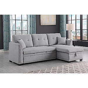 Generic Sleeper Sofa, Sofa Bed- 2 in 1 Pull Out Couch Bed with Storage Chaise with 2 Pillows for Living Room, Linen Fabric Sofa Sleeper with Pull Out Bed Couch,Light Grey