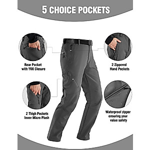 FREE SOLDIER Men's Fleece Lined Outdoor Cargo Hiking Pants Water Repellent Softshell Snow Ski Pants with Zipper Pockets (Gray 36W x 30L)