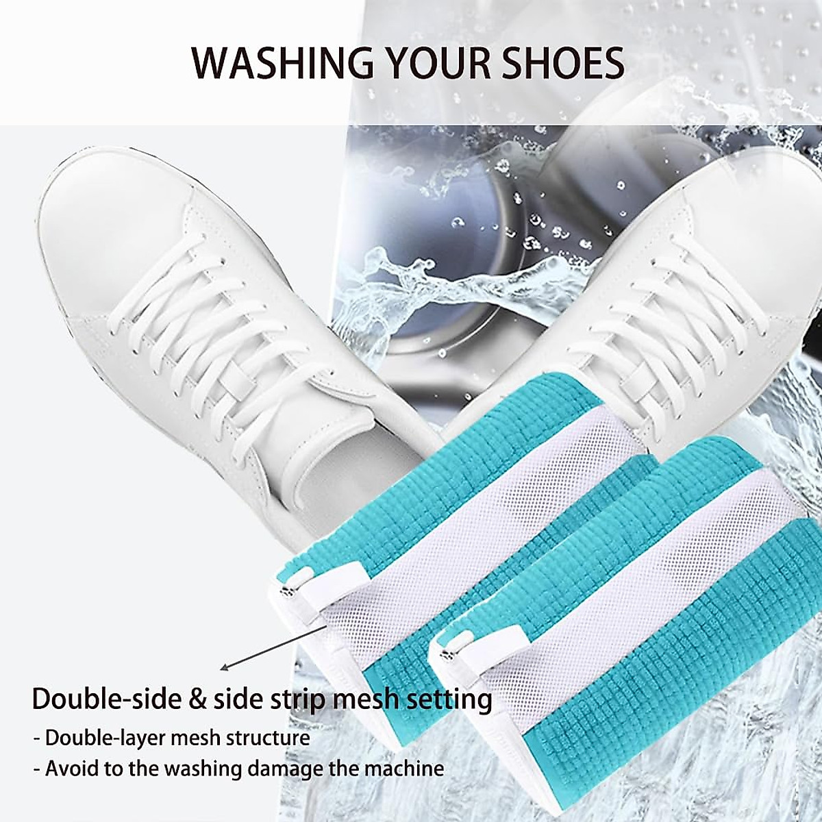 Smallan Sneaker Shoes Laundry Washing Machine Bag Reusable and Lasting Fluffy Chenille Microfiber Hidden Zipper Shoe Washing Bag with 2 Pairs Adjustable Shoe Trees (blue)