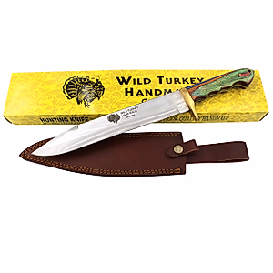 Wild Turkey Handmade Collection 17.25" Fixed Blade Hunting Knife w/Leather Sheath (COLORED WOOD)