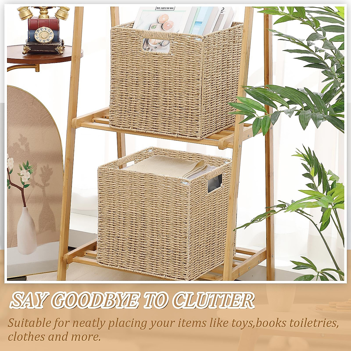 Vesici 12 Pcs Wicker Baskets Storage 11 Inch Wicker Baskets for Cube Rattan Storage Baskets Foldable Large Woven Wicker Basket with Handles for Organizer Shelves Pantry Living Room (Beige)