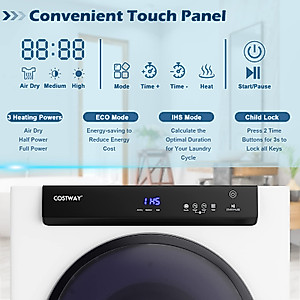 COSTWAY Compact Portable Dryer, Stainless Steel Clothes Dryer with Touch Panel, 2 Modes, 3 Heating Powers and Adjustable Exhaust Vent, 8.8 LBS Front Load Tumble Laundry Dryer for Apartment, Dorm and Home, 1400W, White