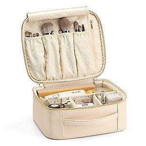 Vlando Makeup Bag,Gifts for Women Travel Makeup Bag Organizer Leather Make up Storage Bag for Women Adjustable Dividers Make up Brushes Case for Valentine's Day Birthday-white