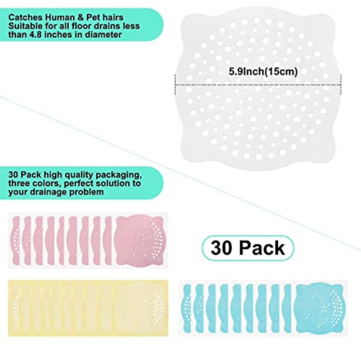 Shower Drain Hair Catcher,Disposable Mesh Stickers for Bathroom,Bathtub,Sink Strainer Captures Hair to Prevent Clogging, Drain Covers Full Coverage 30 Pieces