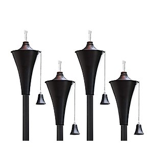 Legends Direct Set of 4, Oahu Premium Metal Patio Torches, 53" Tall- Tiki Style/w Snuffer, Fiberglass Wick & Large 16oz Oil Lamp for Deck, Patio, Lawn, Garden, Luau (Smooth Black)