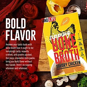 LonoLife Chicken Bone Broth Sticks: 10g Protein, Keto-Friendly, 10 Portable Servings