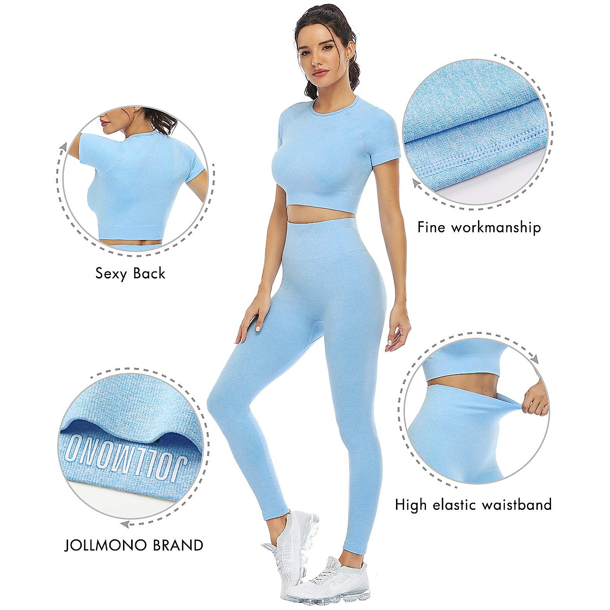 JOLLMONO 2 Piece Short Sleeve Outfits for Women Seamless Crop Tops Set for Women Workout Set(8005L-Light Blue)