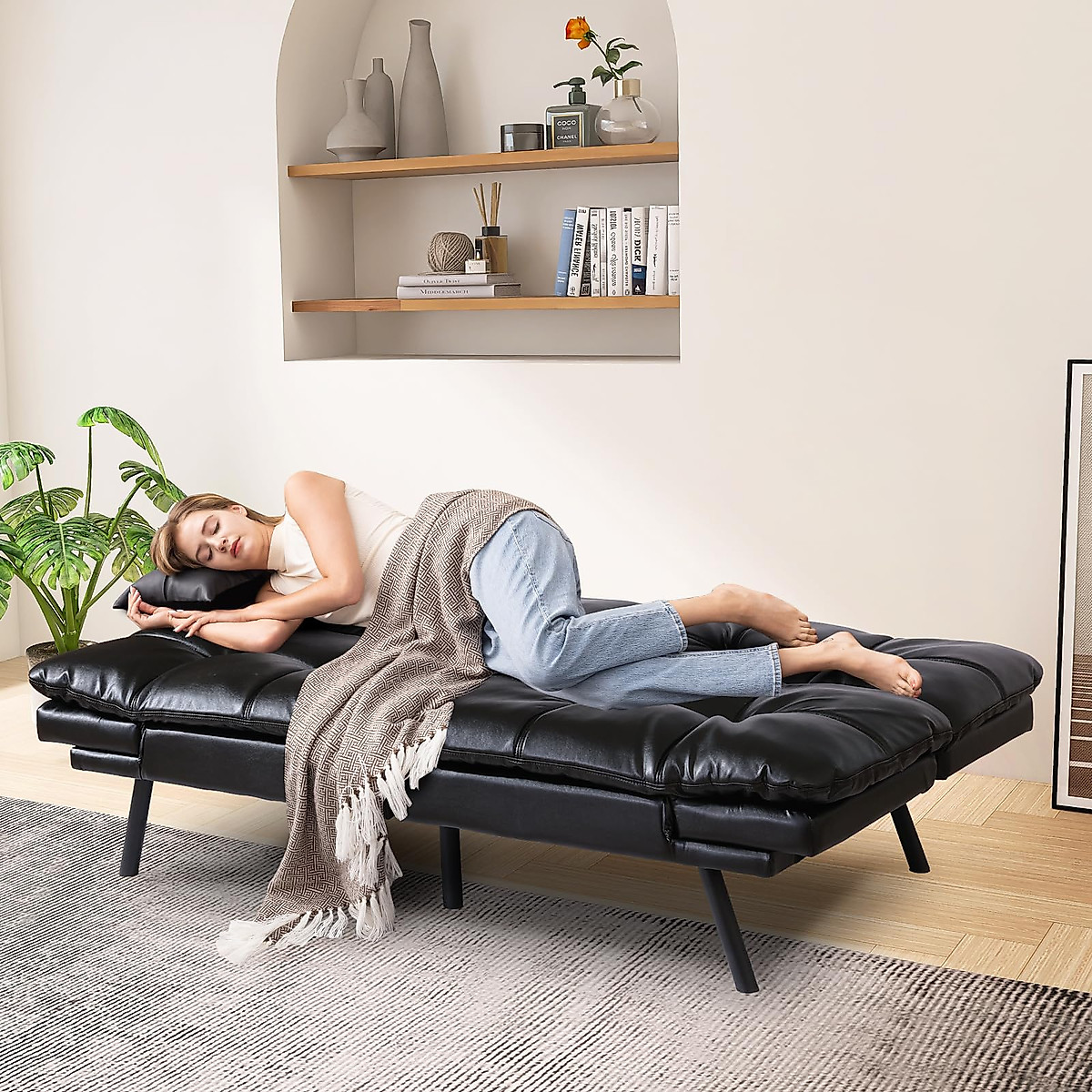 Hcore, Convertible Sleeper, Memory Foam Futon Couch,Loveseat Bed,Small Splitback Modern Sofa Sofabed, Standard Black