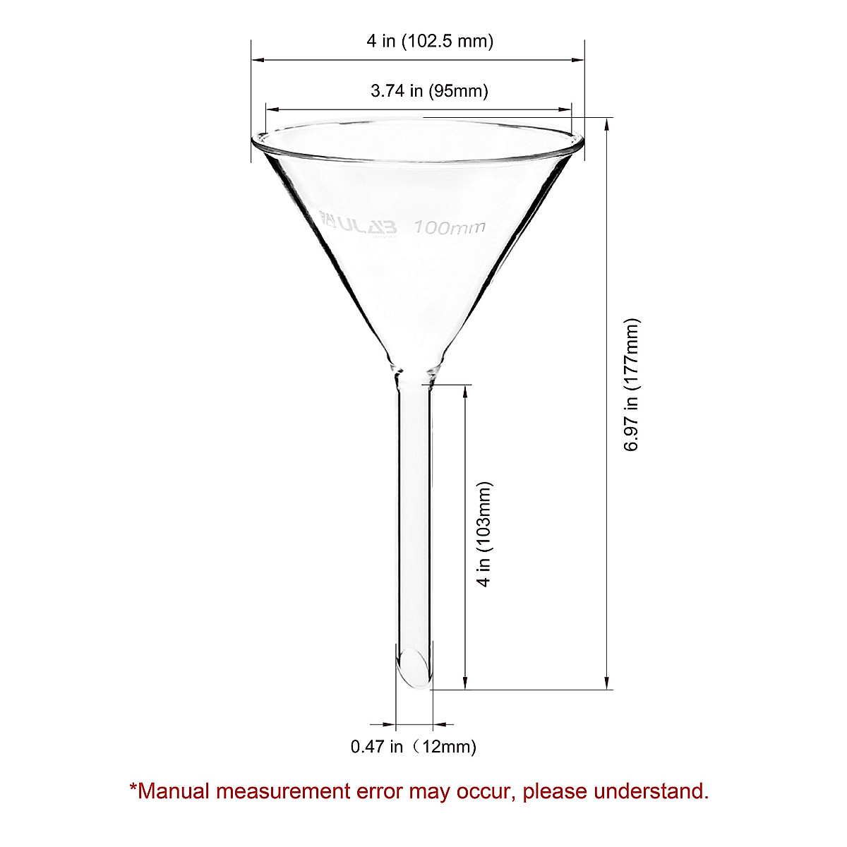 ULAB Scientific 100mm Glass Funnels, Short Stem Diameter 13mm, 3.3 Borosilicate Glass, Heavy Wall, Pack of 2, UGF1010