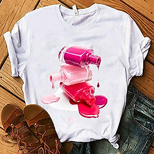 Womens Short Sleeve Tops Nail Polish Printed Tshirt Summer Versatile Tees White O Neck Pullover, Large