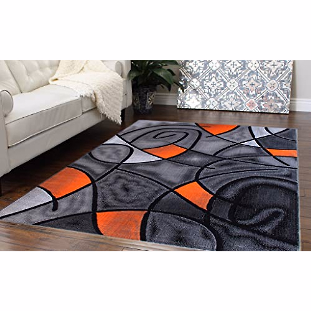 Masada Rugs, Modern Contemporary Area Rug, Orange Grey Black (5 Feet X 7 Feet)