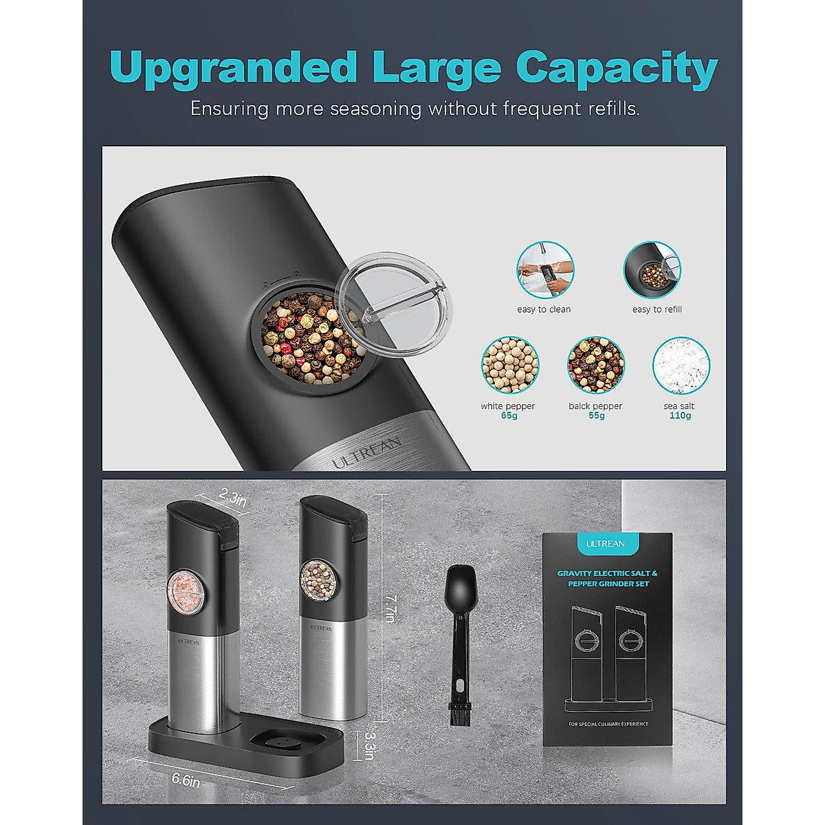 Ultrean Gravity Electric Salt and Pepper Grinder Set - USB Rechargeable With Dual Charging Base - Adjustable Fineness - One Handed Operation, Stainless Steel Construction, Auto Dust Lids, LED Light