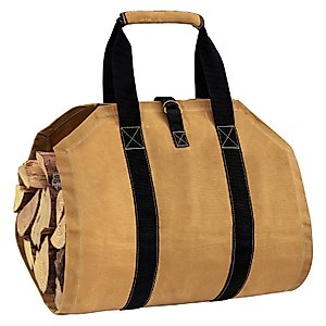 eletecpro Firewood Carrier 39x18 Inch Durable Waxed Canvas Log Carrier Heavy Duty, Fire Place Sturdy Wood Carring Bag with Handles Security Strap for Camping Indoor (khaki)