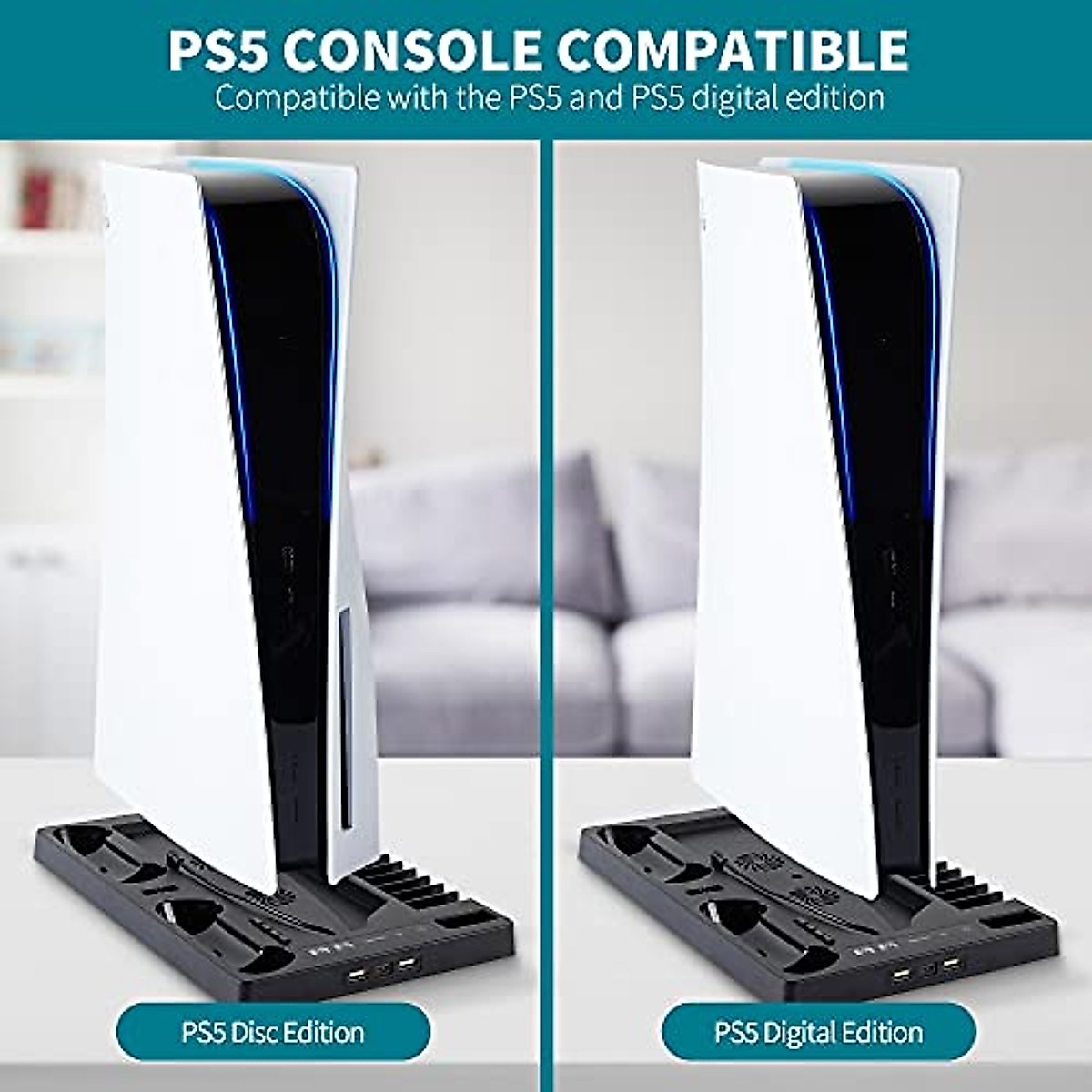 HAPROUND PS5 Vertical Stand with Cooling Fan and Dual Controller Charger - Indicator Lamps and 15 Game Slots, Fast Cooling Through Metal Base, PS5 Console Compatible