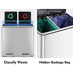 HEMBOR Dual Trash Can, 16 Gallon (2X30L) Step Rubbish Bin, Stainless Steel Double Compartment Classified Recycle Garbage Pedal Dustbin, Suit for Bathroom Kitchen Office Home, Indoor and Outdoor