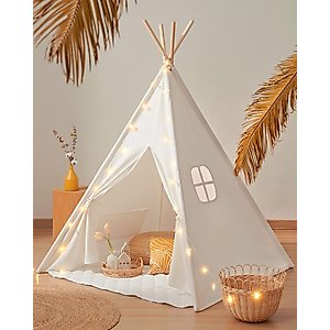 Tiny Land Teepee Tent for Kids, 100% Cotton Play Tent with Padded Mat and Star Lights, Kids Teepee Tent with Carry Bag, Foldable Kids Tent for Toddlers Aged 3+, Quality Teepee Tent for Girls and Boys