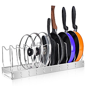 JORETLE Pot Lid Organizer, Pot and Pan Lid Holder Kitchen Pot Lid Rack, Best Organization Tool Suitable for Baking Pan, Cutting Board, Trays (2 PCS, 8 Silicone Foot Covers)