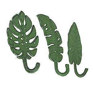 Zeckos Set of 3 Cast Iron Green Tropical Leaf Decorative Wall Hooks - Functional and Stylish - 6 Inches High - Beach Elegance - Perfect for Towels, Coats, and More