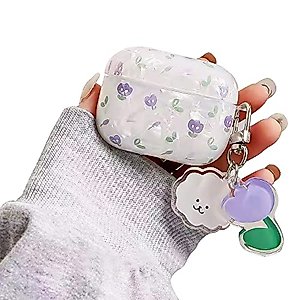 Minscose Airpod Pro Clear Case with Keychain , Cute Fashion Purple Small Flower Soft TPU Smooth Shockproof Compatible with Airpods Pro Charging Case for Girls Kids Women