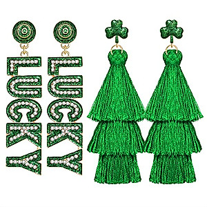 St Patricks Day Earrings for Women, Green Shamrock Earrings Letter Good Luck Irish Earrings Layered Tassel Earrings, St. Patricks Day Accessories Holiday Gifts (Lucky 2)