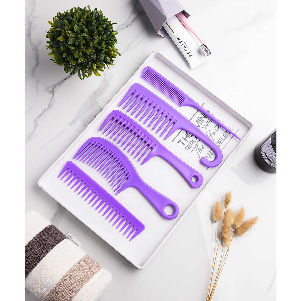 5 Pcs Hair Comb Set, Wide Tooth Detangling Comb,Large Shower Comb with Hook，Fine Tooth Rat Tail Comb Professional Styling, No Handle Women Brush For Curly, Wet, Dry, Long and Thick Hair.