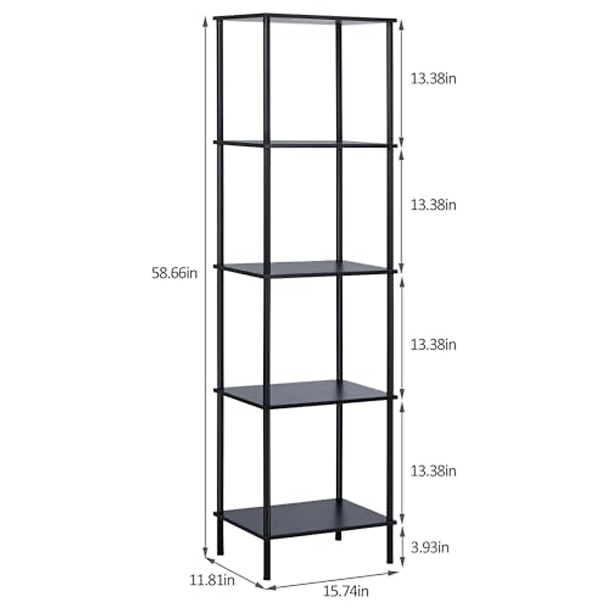 LING RUI 5 Tier Shelves Bookshelf, Tall Narrow Bookcase with Shelves,Wood and Metal Book Shelf Storage Organizer,Industrial Display Standing Shelf for Home Office, Living Room, Bed Room(Black)