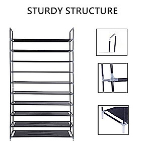 WEI WEI GLOBAL 10 Tiers Shoe Rack, 50 Pairs Non-Woven Fabric Shoe Storage Organizer, Shoe Tower Organizer Cabinet, Space Saving Shelf Closet (Black)
